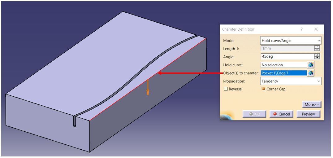 CATIA Part Design | Chamfer - Hold Curve Option - IME Wiki