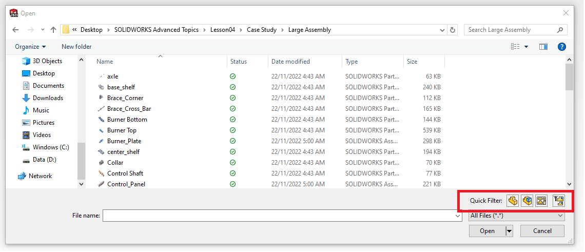 Opening Files Using Quick Filter in SOLIDWORKS - IME Wiki